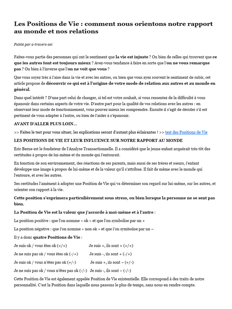 Positions de Vie et Rapport au Monde | PDF