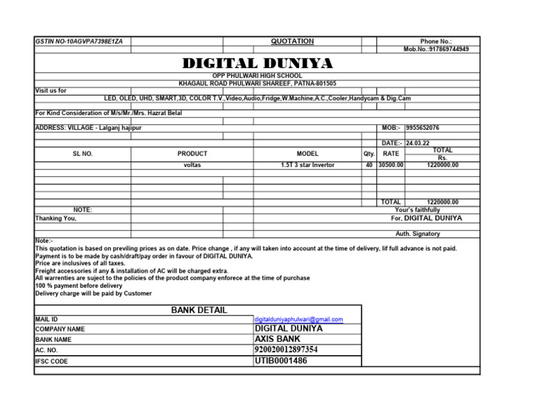 Quotation for AC Purchase | PDF