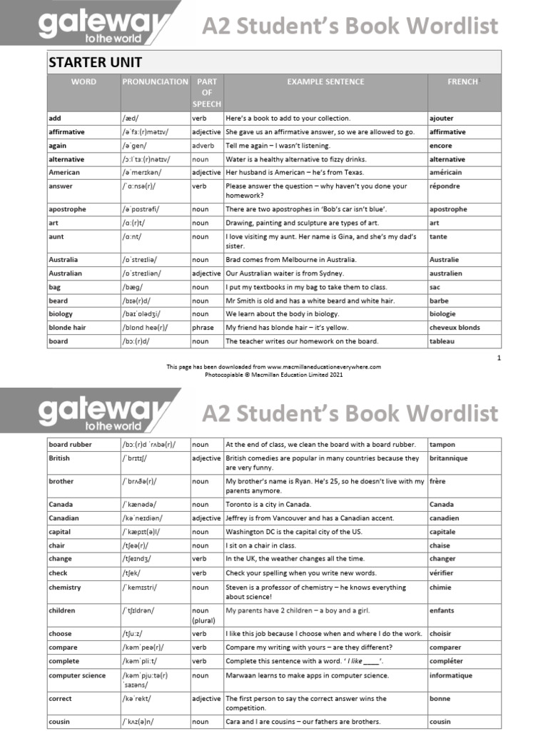 A2 French Vocabulary Wordlist | PDF | Verb | Adjective