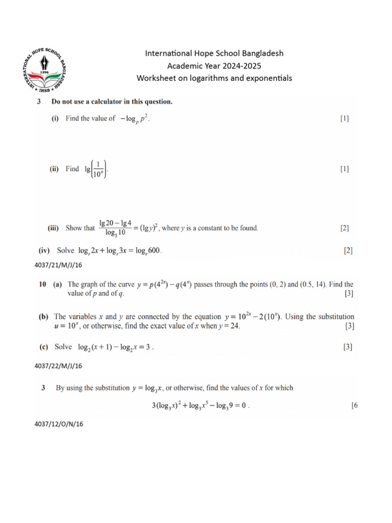 Logarithms & Exponentials Worksheet 2024-25 | PDF
