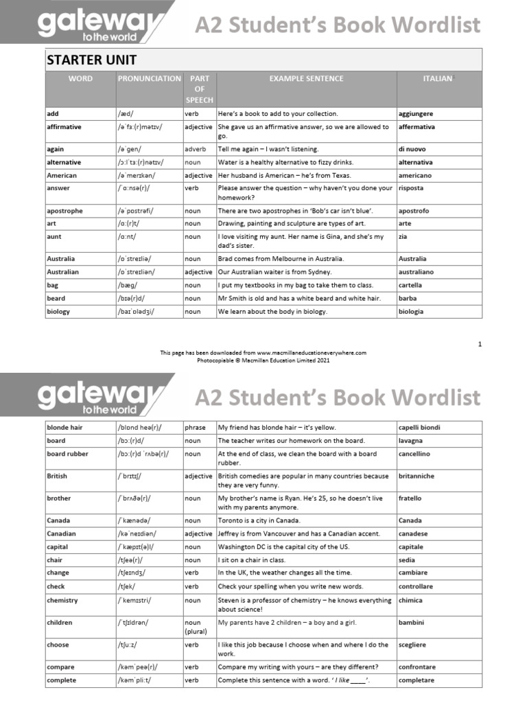 A2 Wordlist Italian | PDF | Verb | Adjective