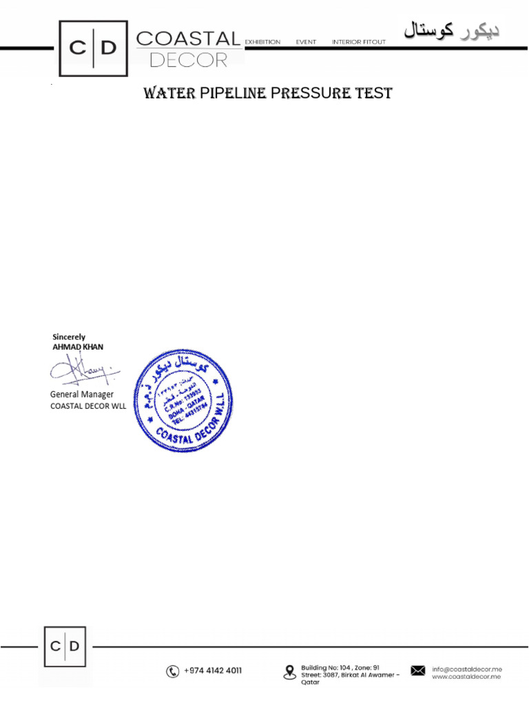 Water Pipeline Pressure Test | PDF