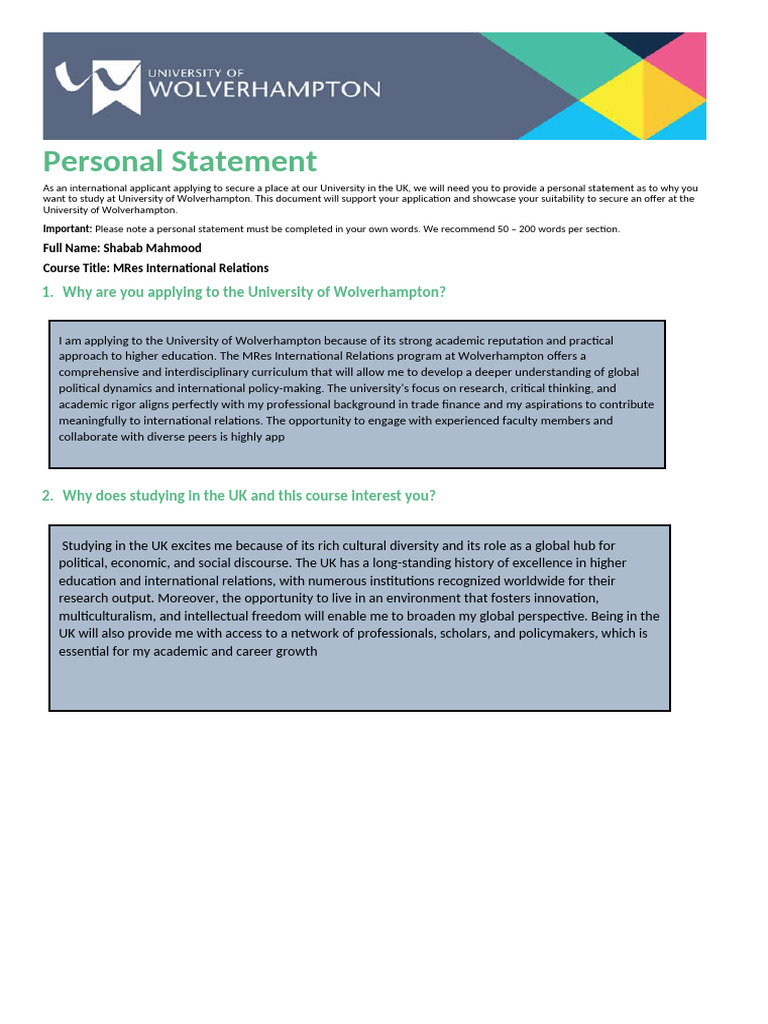WLV - Personal Statement (1) 6 | PDF | University | Policy