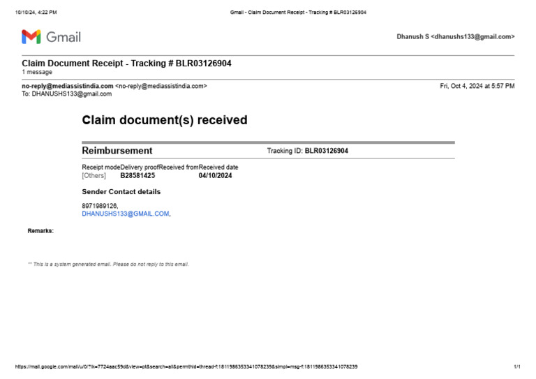 Claim Document Receipt Confirmation | PDF