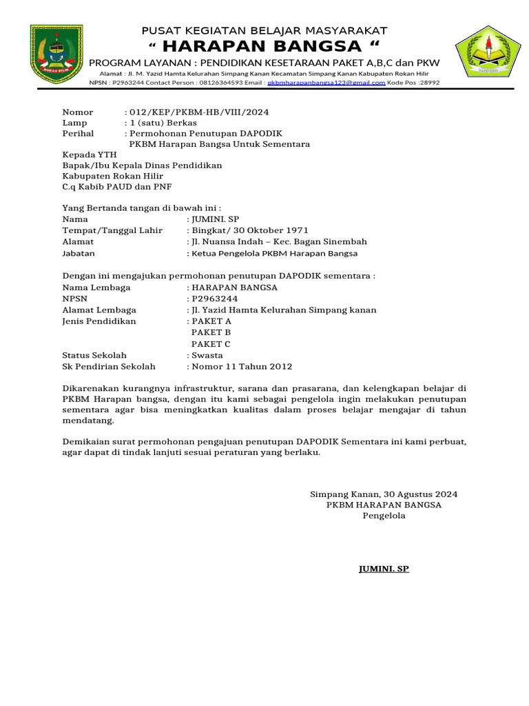 Surat Permohonan Penutupan Sementara | PDF