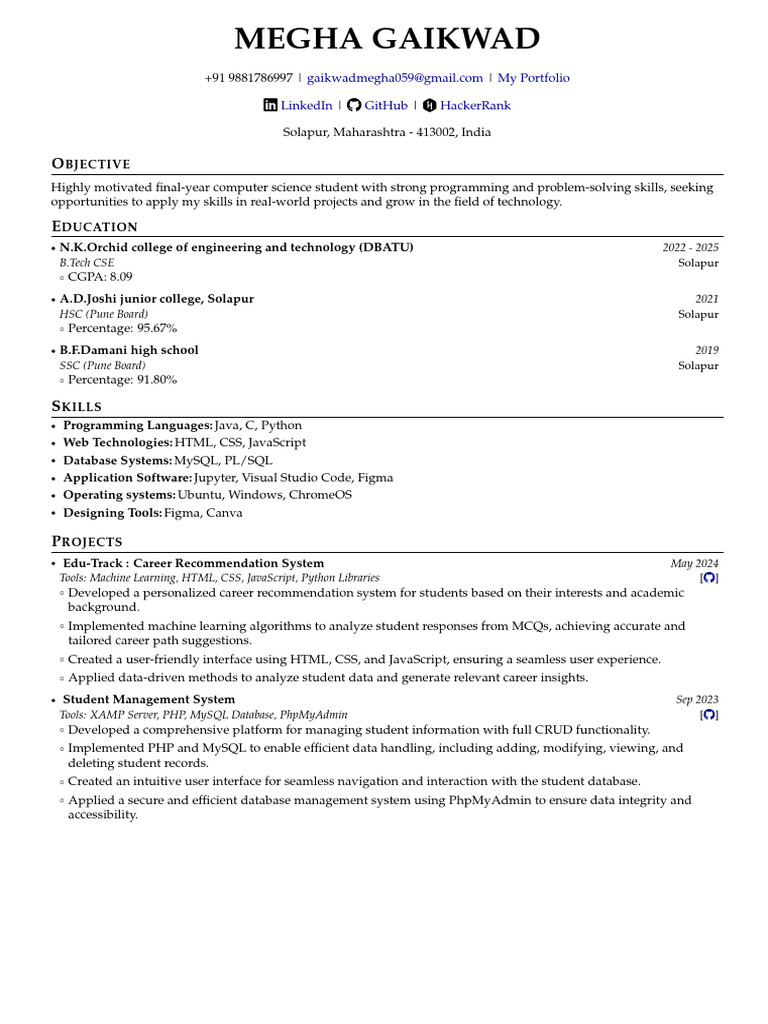 Megha_Gaikwad_Resume | PDF | My Sql | Databases