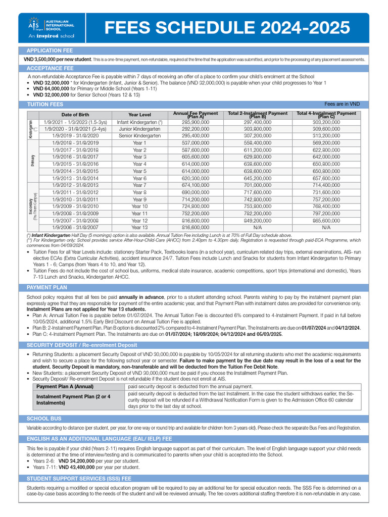 AIS Tuition Fees Structure 2024-2025 | PDF | Payments | Debit Card