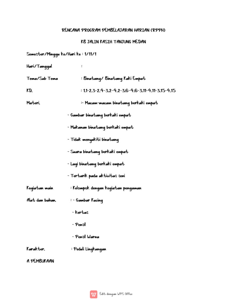 RPPH Binatang Kurikulum k13 Paud | PDF