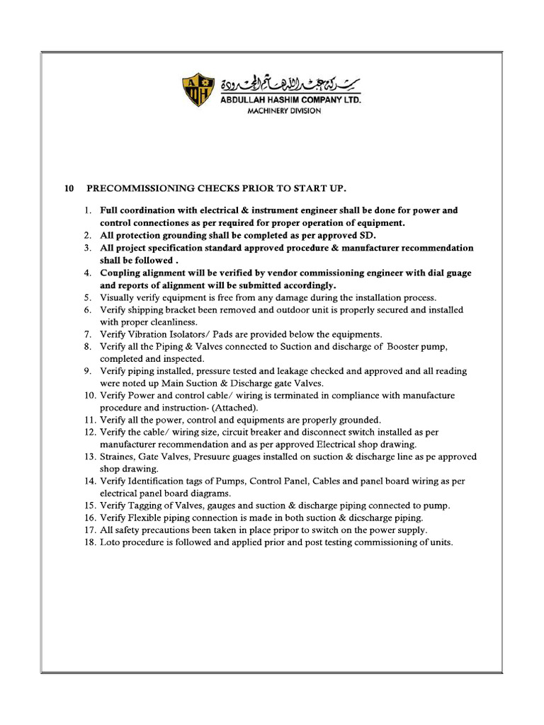Pre Commissioning Checklist | PDF