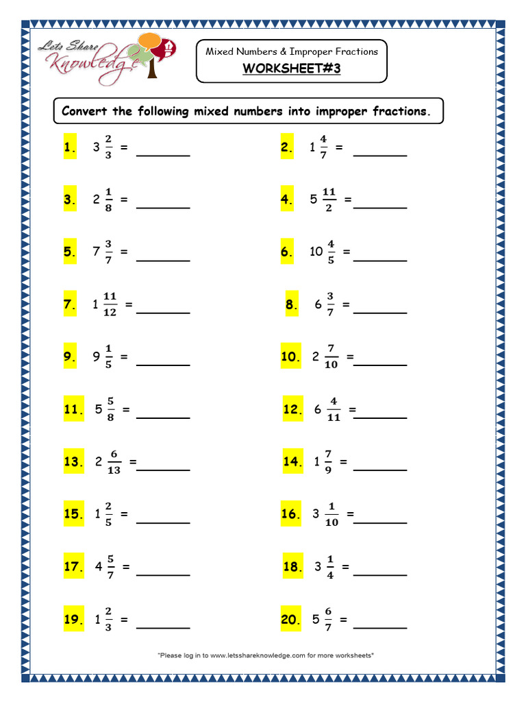 Mixed Numbers and Improper Fractions Grade 4 Maths Resources Printable ...
