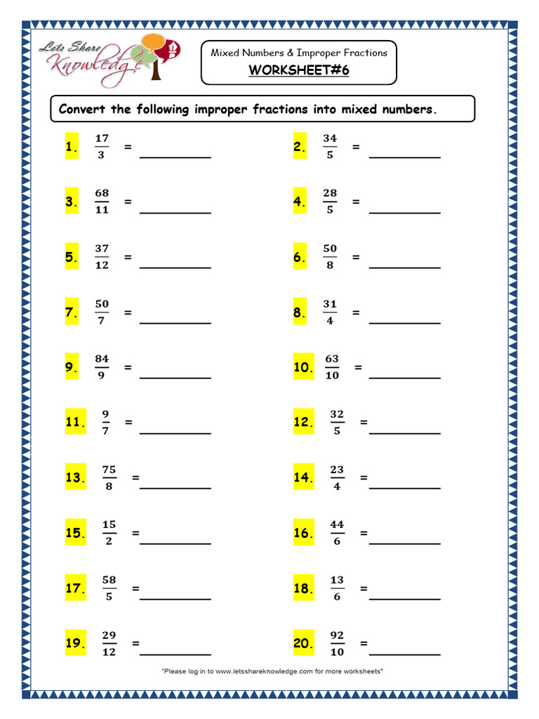 Mixed Numbers and Improper Fractions Grade 4 Maths Resources Printable ...