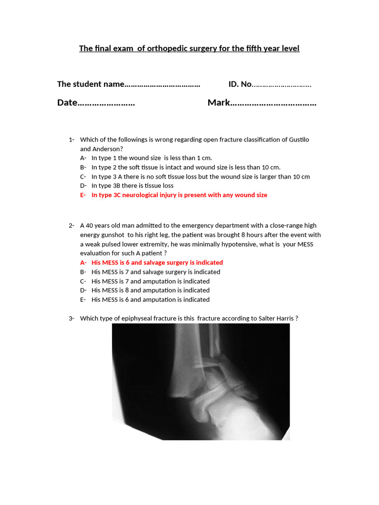 Orthopedic Surgery Final Exam Review | PDF | Vertebra | Knee