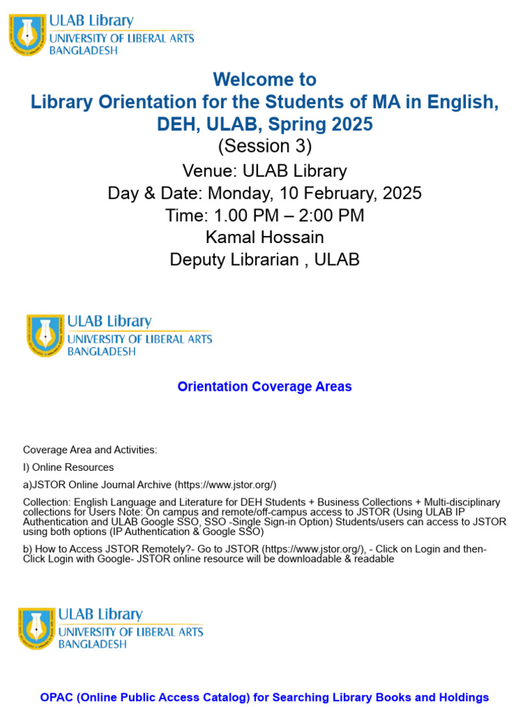 Library Orientation For The Students of MA in English, DeH, ULAB, Spring 2025 (Session 3) | PDF ...