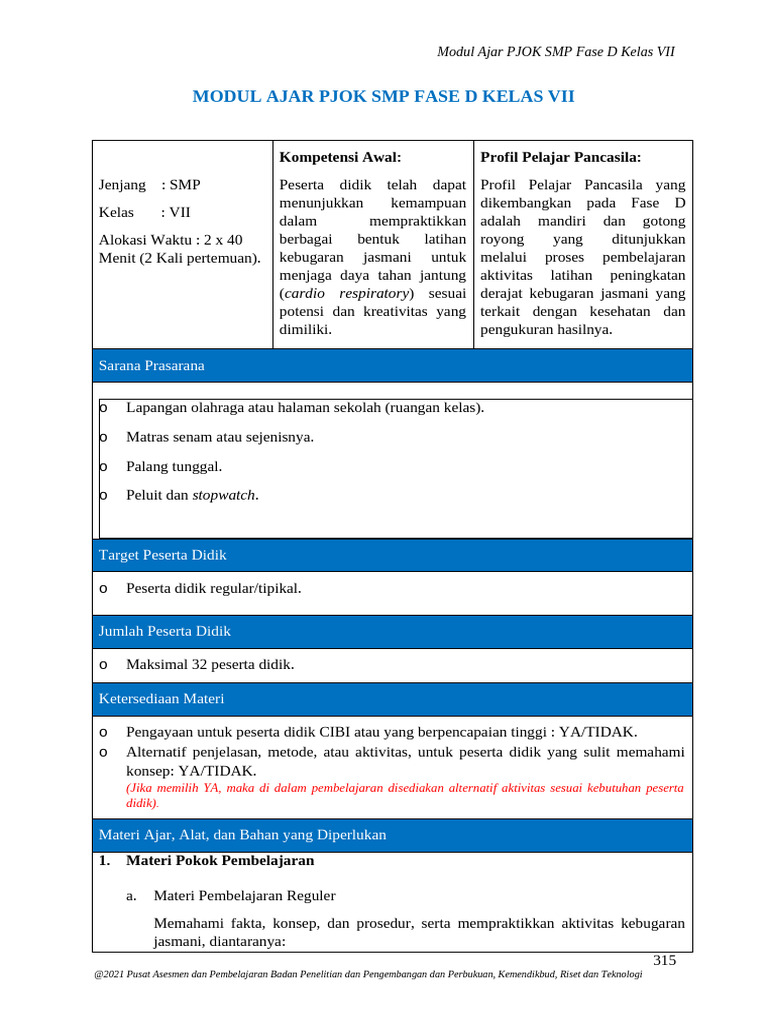 Modul Ajar Aktivitas Kebugaran Jasmani - SMP Vii - 30 - 11 - 2021 | PDF