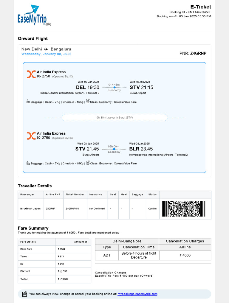 EaseMyTrip Flight E-Ticket For Flights | PDF | Travel Visa | Airlines