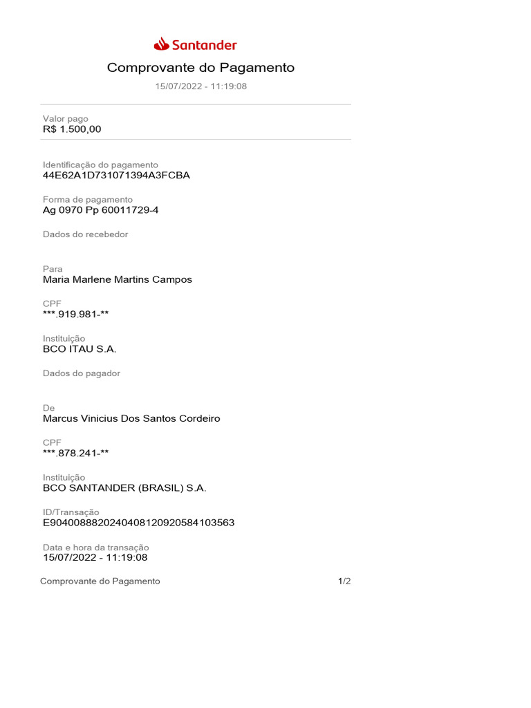 comprovante pagamento 1.500 1.2 maria | PDF