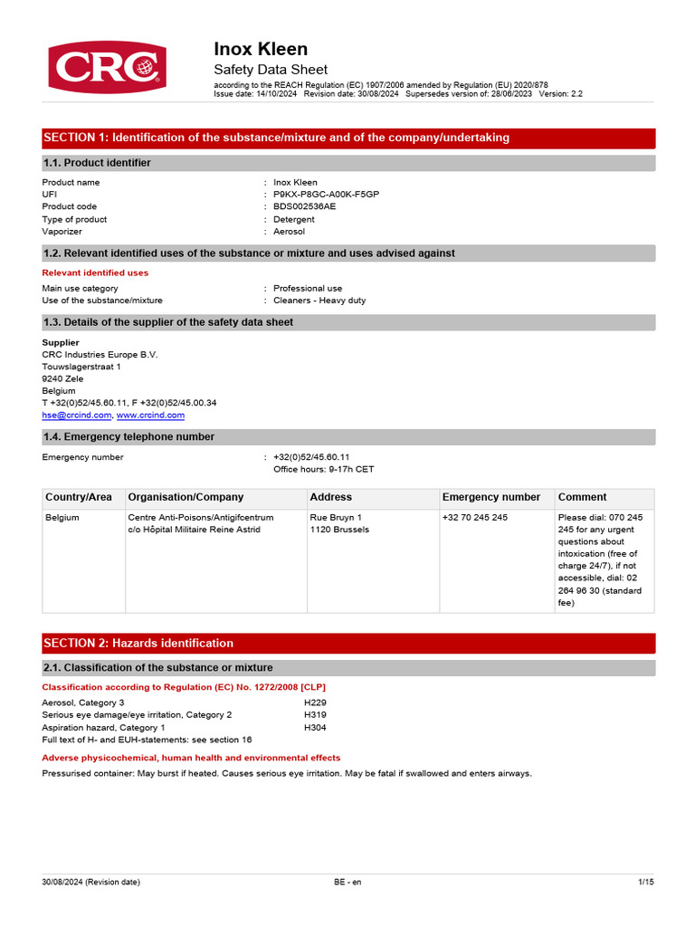 Inox Kleen Safety Data Sheet | PDF | Dangerous Goods | Pollution