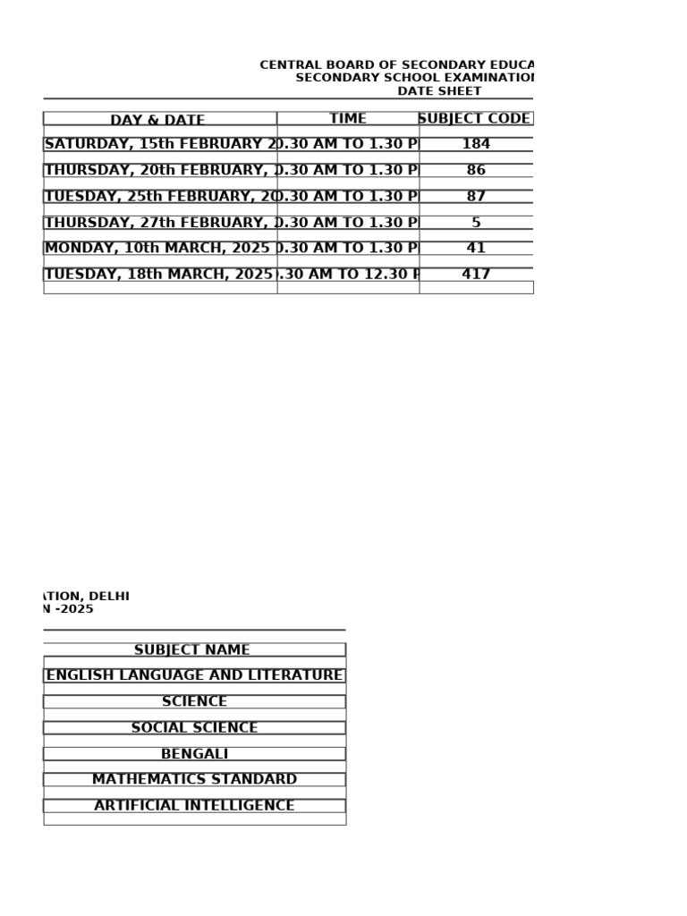 Board Exam. Date Sheet | PDF