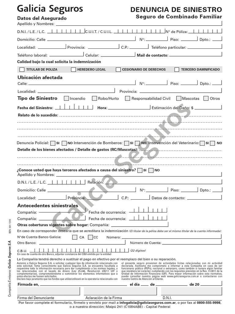 Formulario Denuncia de Siniestro | PDF | Póliza de seguros