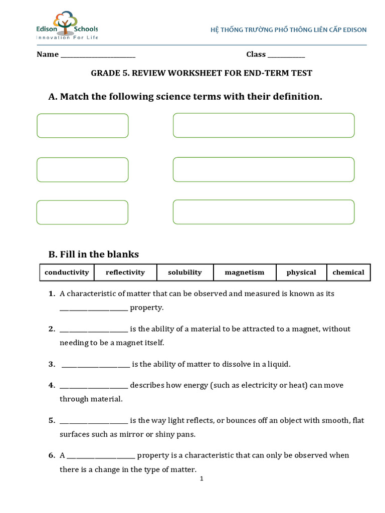 Grade 5. REVIEW WORKSHEET FOR END-TERM TEST | PDF | Plants | Ecosystem