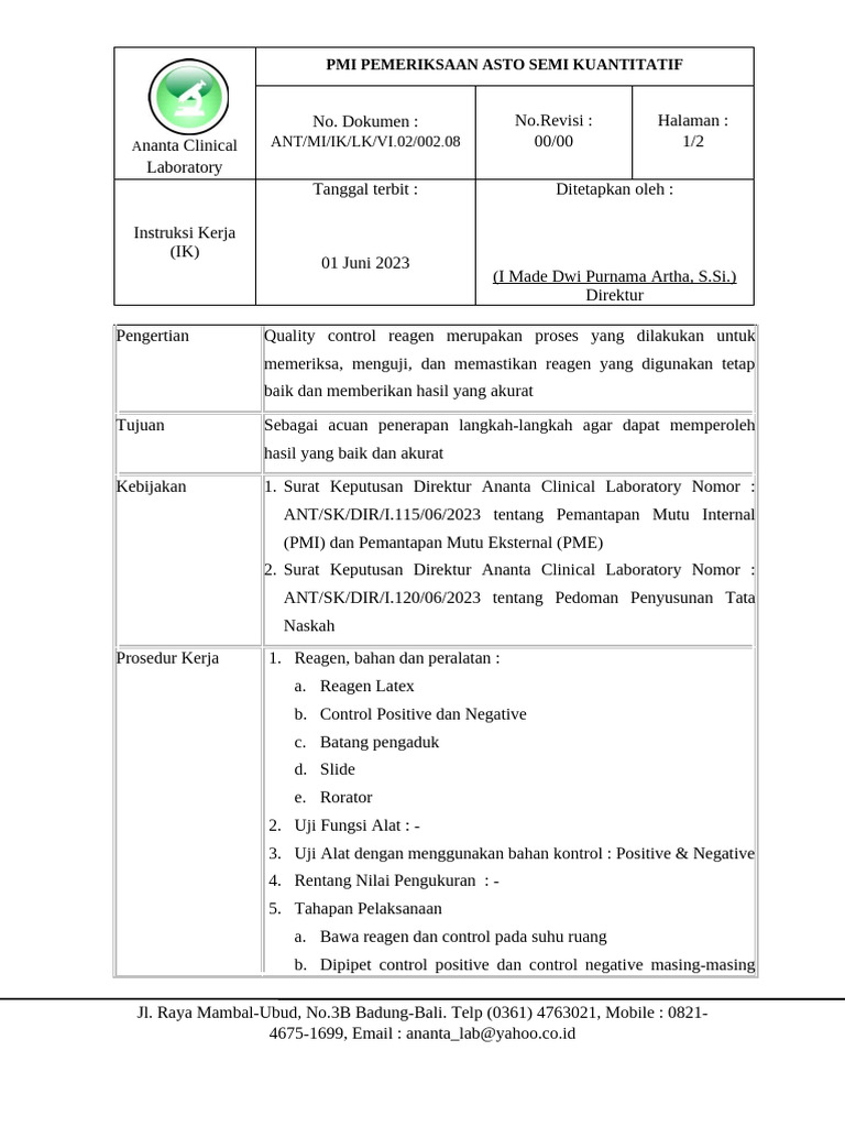 Prosedur QC Reagen ASTO Ananta Lab | PDF