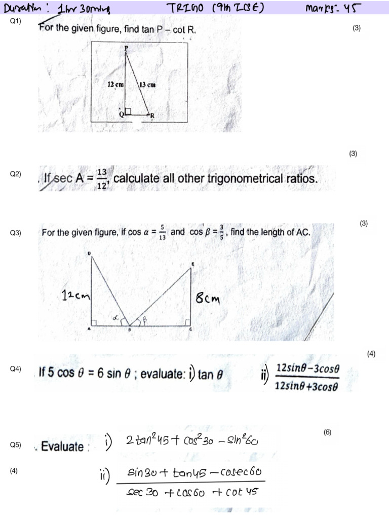 Trigonometry Test 9th Icse 2 | PDF