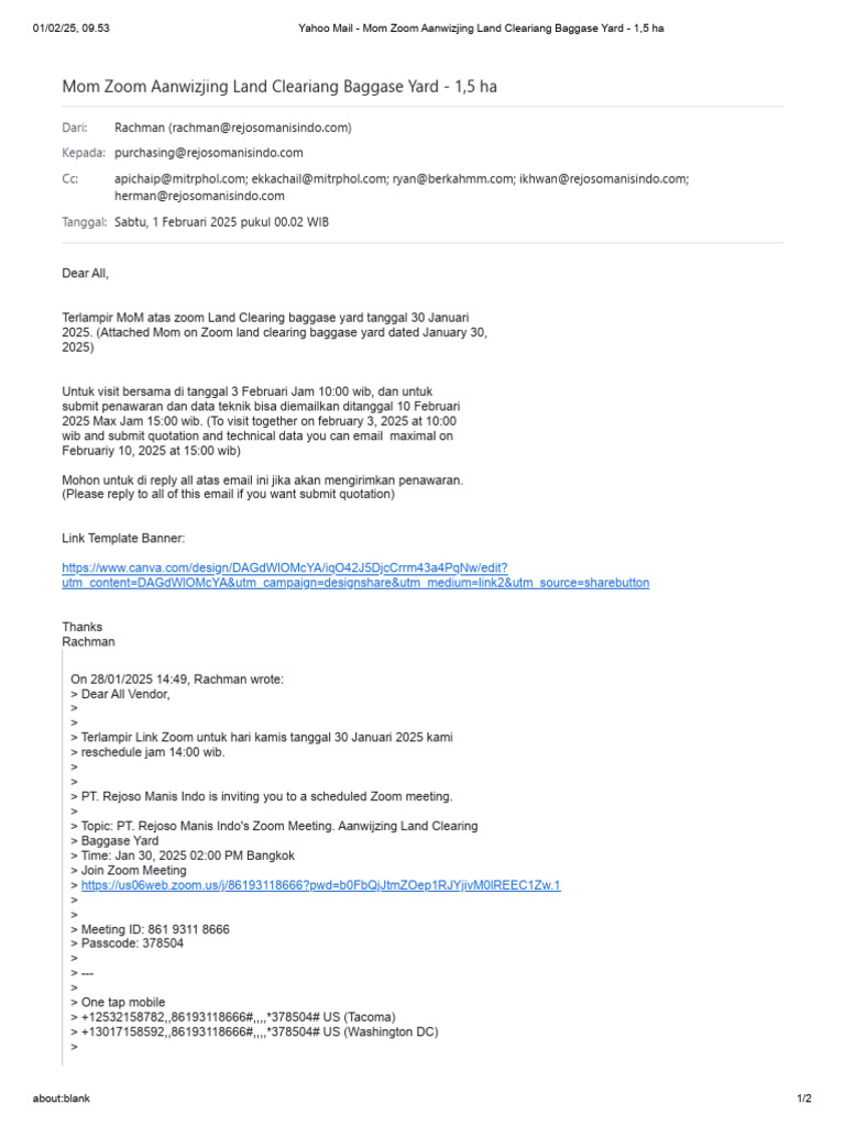 Yahoo Mail - Mom Zoom Aanwizjing Land Cleariang Baggase Yard - 1,5 ha | PDF