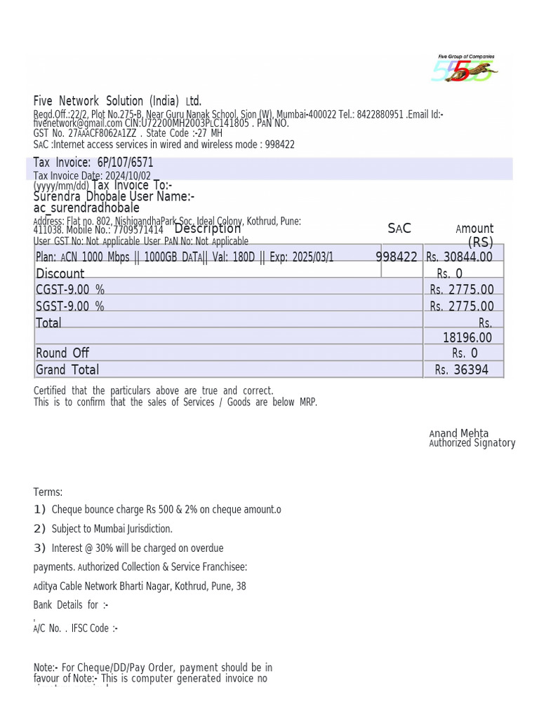Internet Service Invoice - ACN 1000 Mbps | PDF