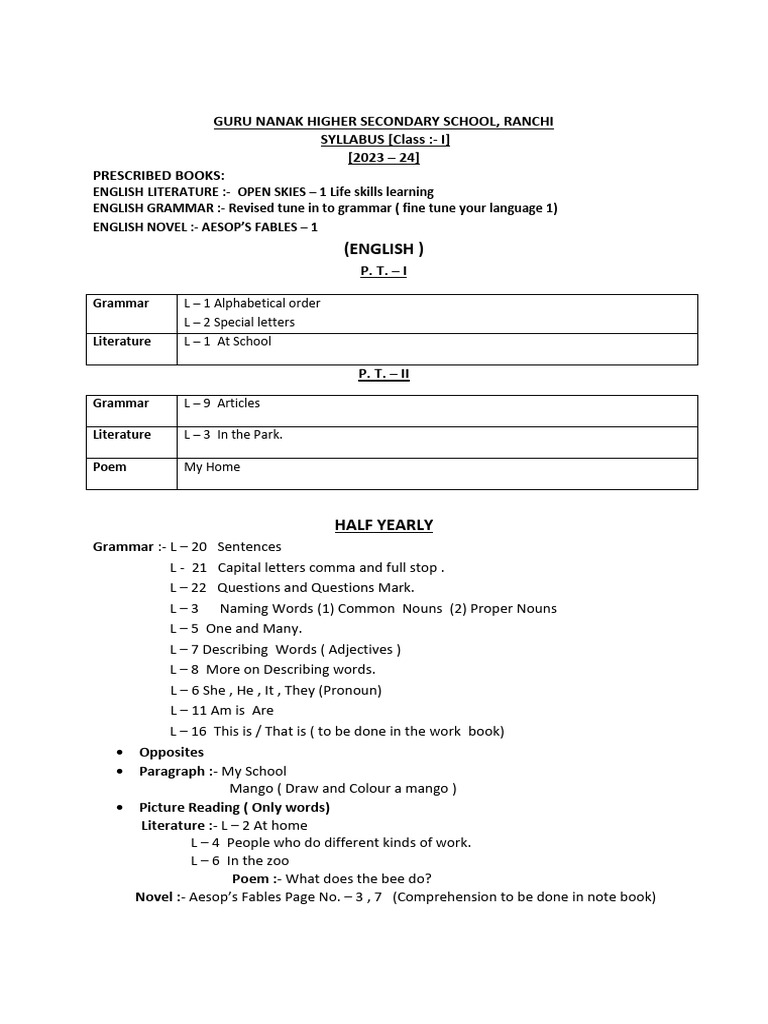 Syllabus Class 1 Gurunanak Ranchi | PDF | English Language | Linguistic Typology