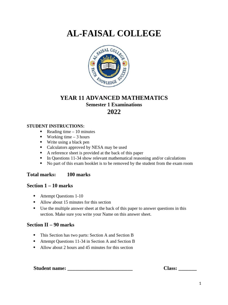 Y11 Adv Maths Half Yearly Exam 2022 | PDF | Function (Mathematics ...