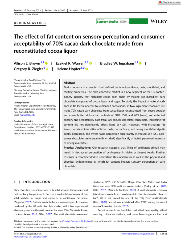 Journal of Sensory Studies - 2023 - Brown - The Effect of Fat Content ...