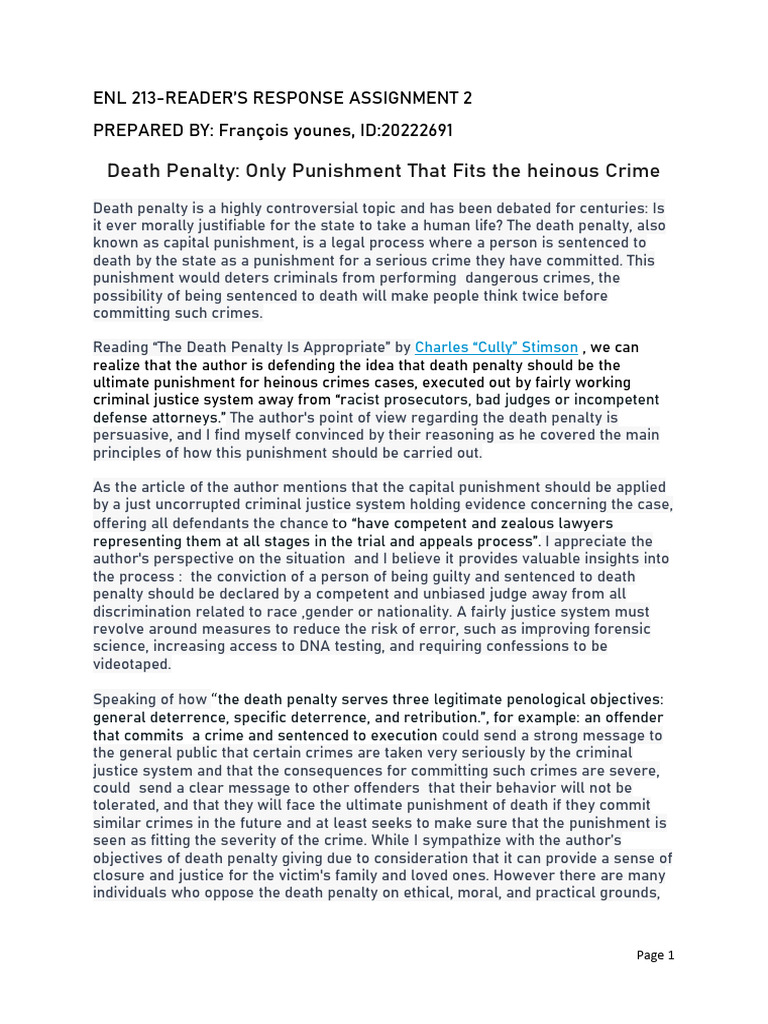 Enl 213 - Assignement 2 (The Death Penalty) | PDF | Crimes | Crime ...