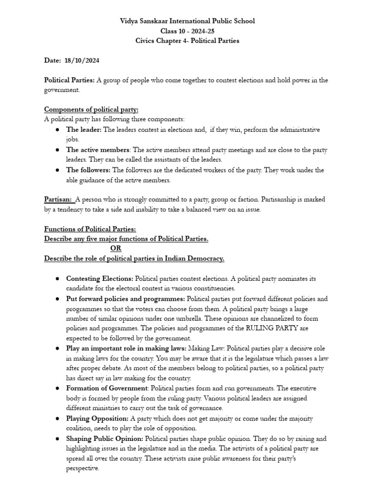 Civics Chapter 4 - Political Parties-Notes (1) - 241109 - 215741 | PDF ...