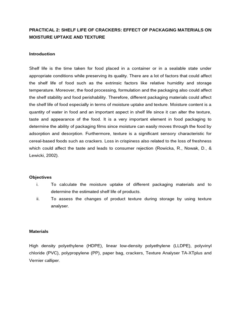 Practical 2 Shelf Life of Crackers | PDF | Polyethylene | Applied And ...