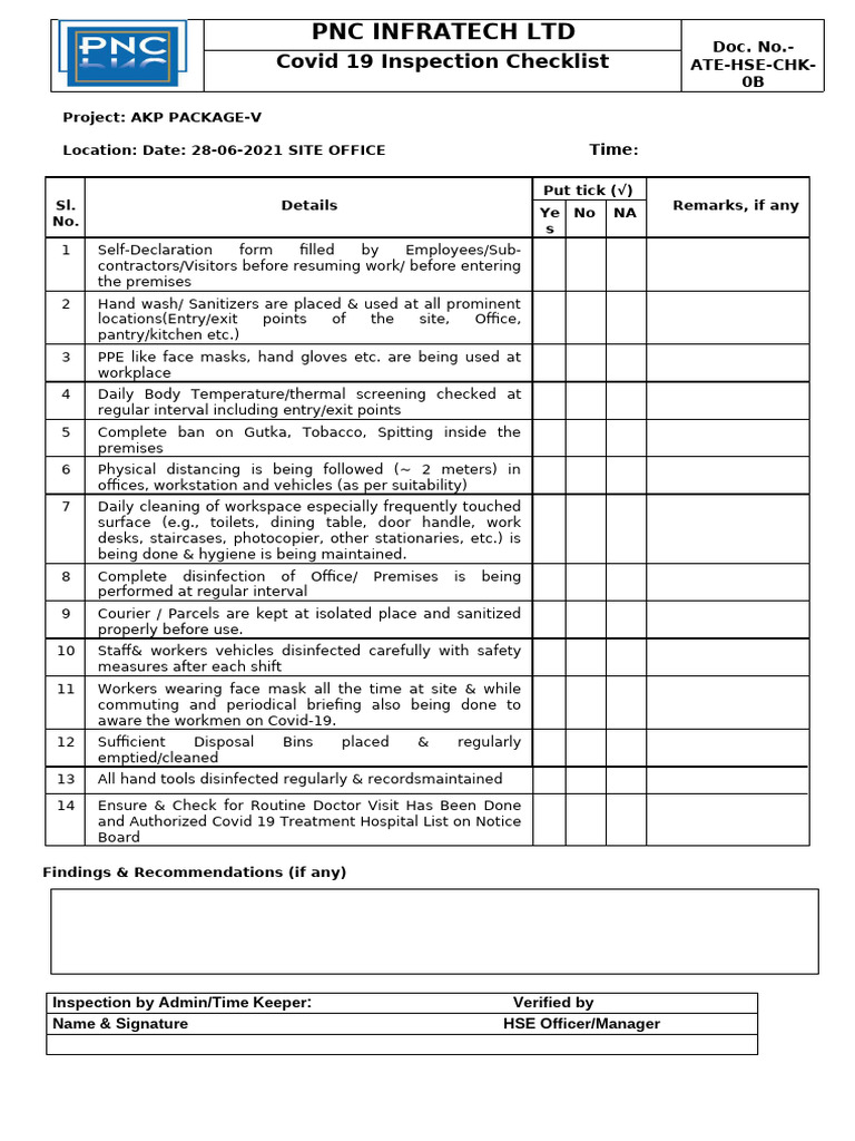Doc. No.-ATE-HSE-CK-0B-COVID-19 Inspection Checklist | PDF | Public ...
