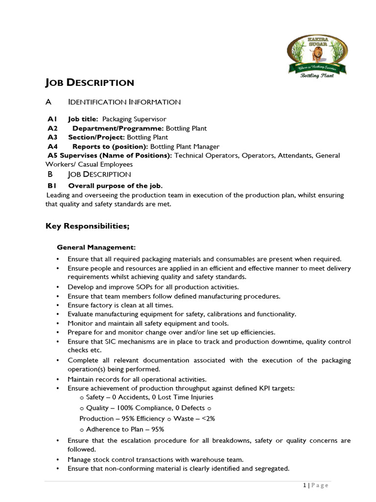 Packaging Supervisor JD Bottling | PDF | Business