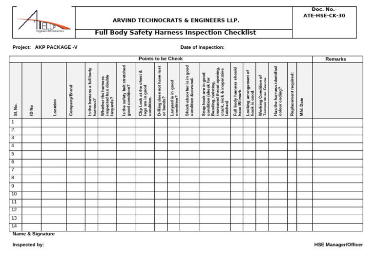 Doc. No.-ATE-HSE-CK-30-Full Body Safety Harness Inspection Checklist | PDF