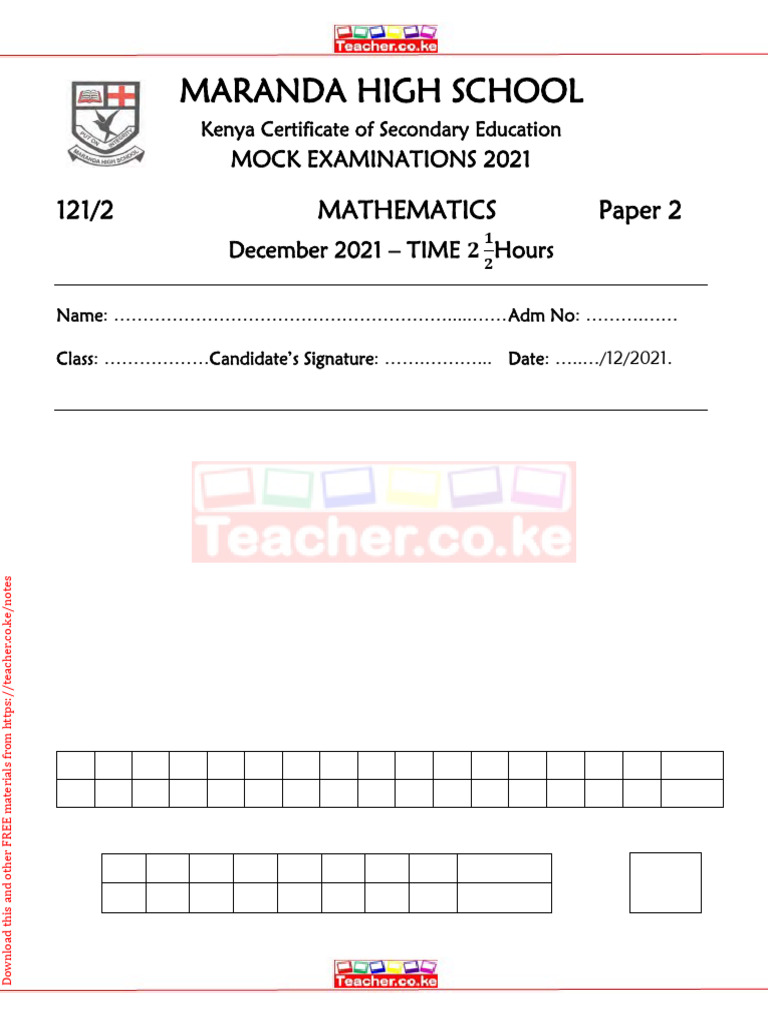 2022 Maranda Mock 121 MATHEMATICS P2 QS Teacher - Co - .Ke | PDF | Equations | Mathematics