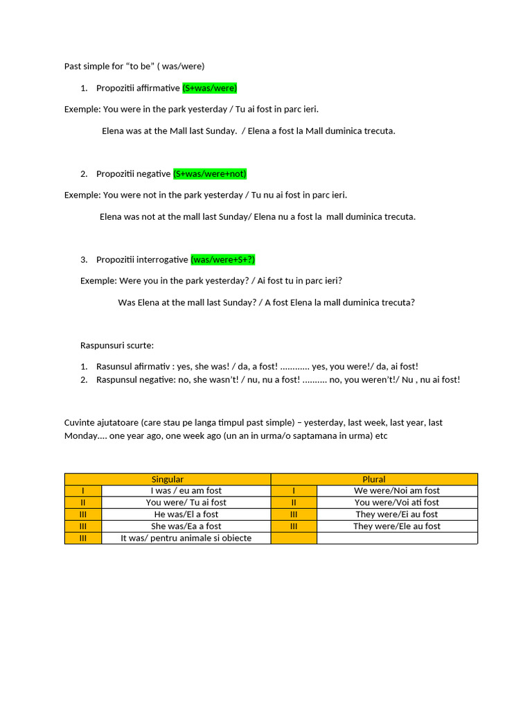 Past Simple "To Be" Guide | PDF