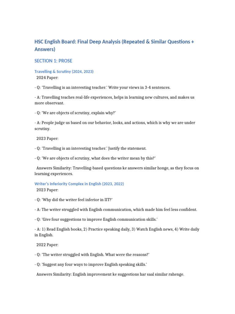 HSC English Exam Analysis: Key Questions | PDF