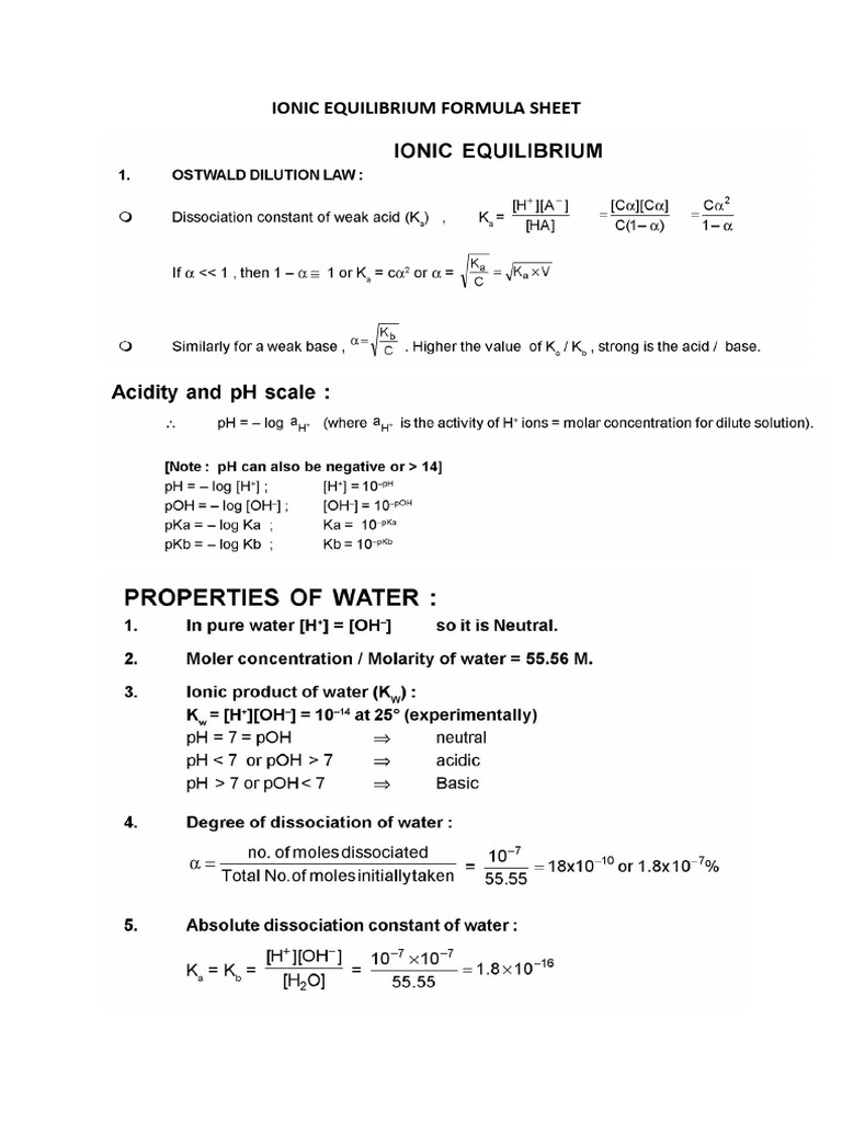 Ionic Equilibrium Formula Sheet | PDF
