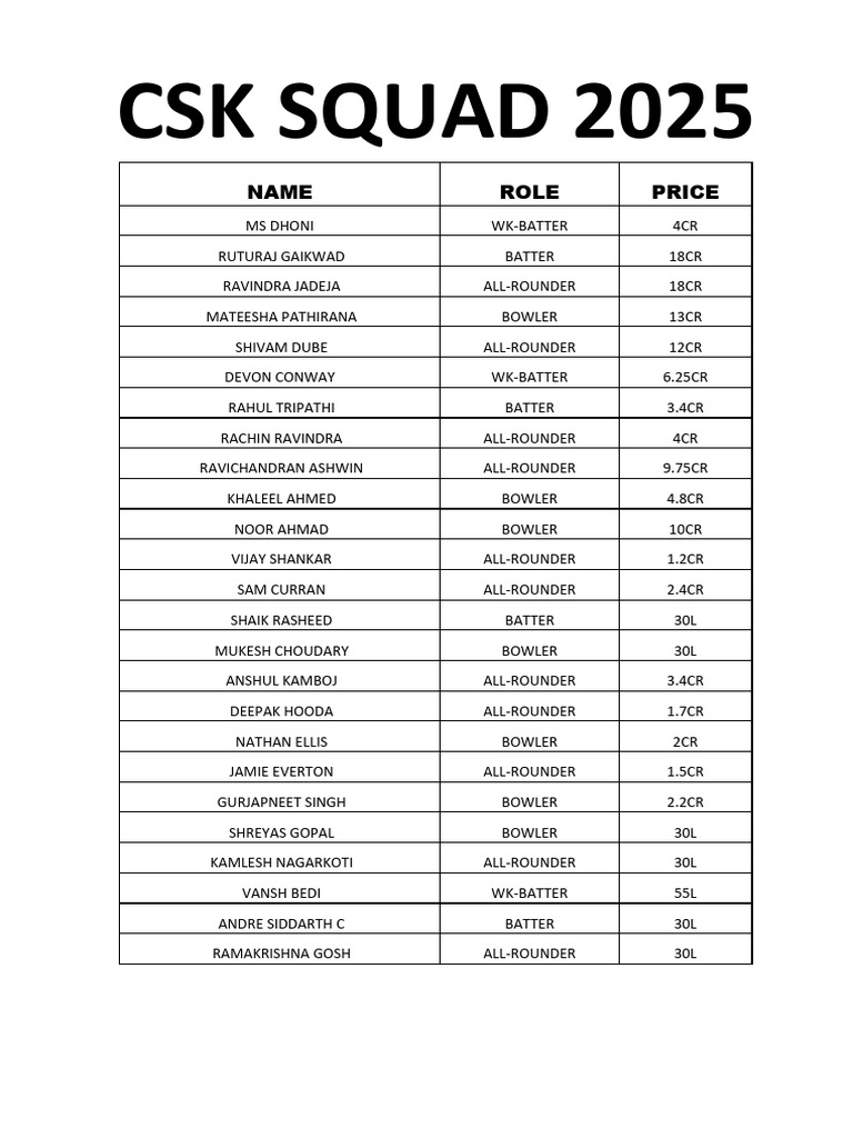 CSK SQUAD 2025 | PDF