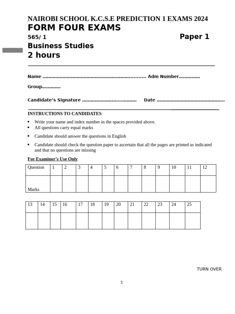 KCSE 2024 Business Studies Paper 1 | PDF | Demand | Liability ...