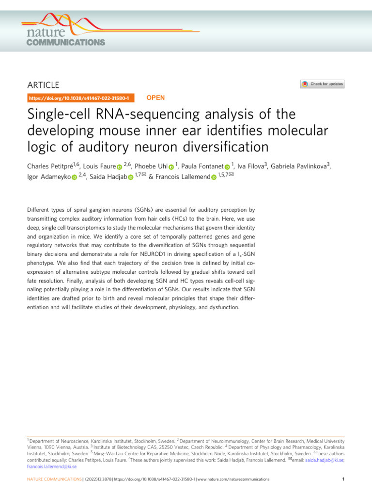 Single-Cell RNA-sequencing Analysis of The | PDF | Auditory System | Neuron