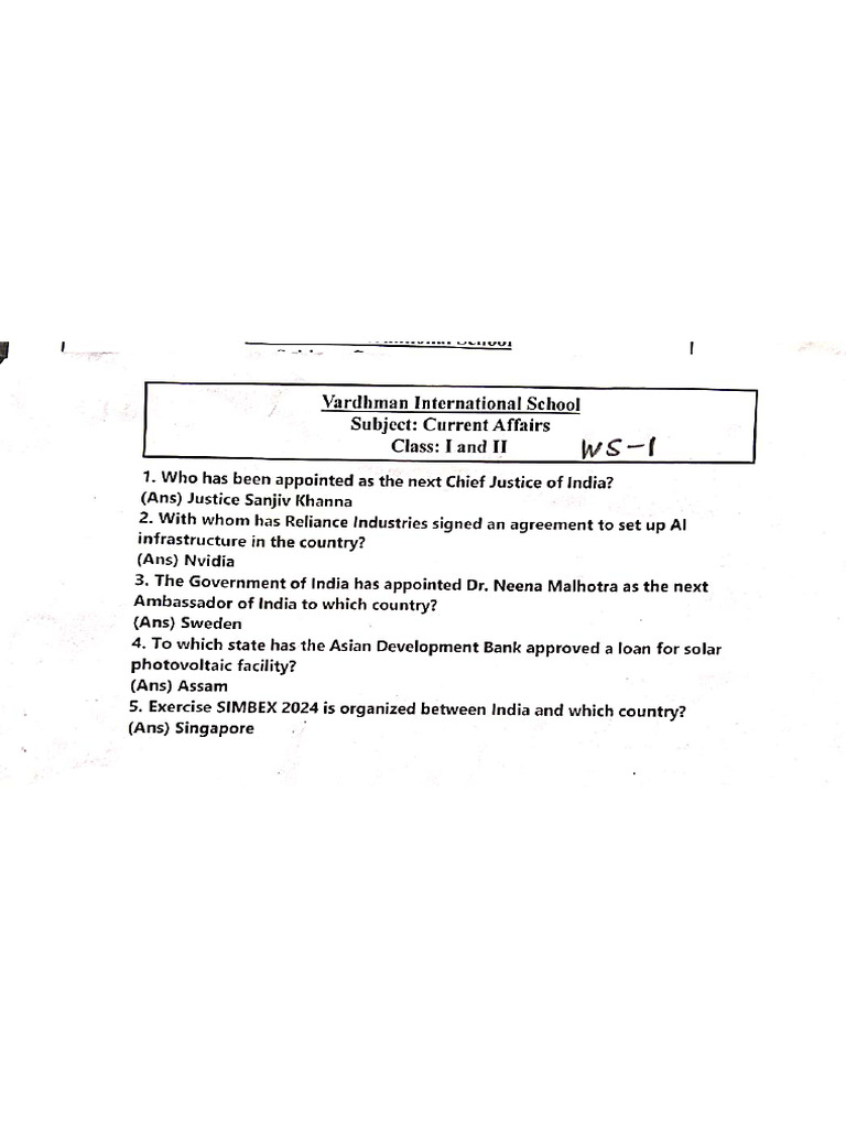 Current Affairs Worksheet No. 1 and 2 | PDF