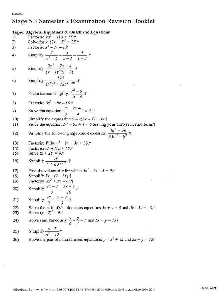 2018 YEAR 10 Stage 5.3 Semester 2 Examination Revision Booklet | PDF