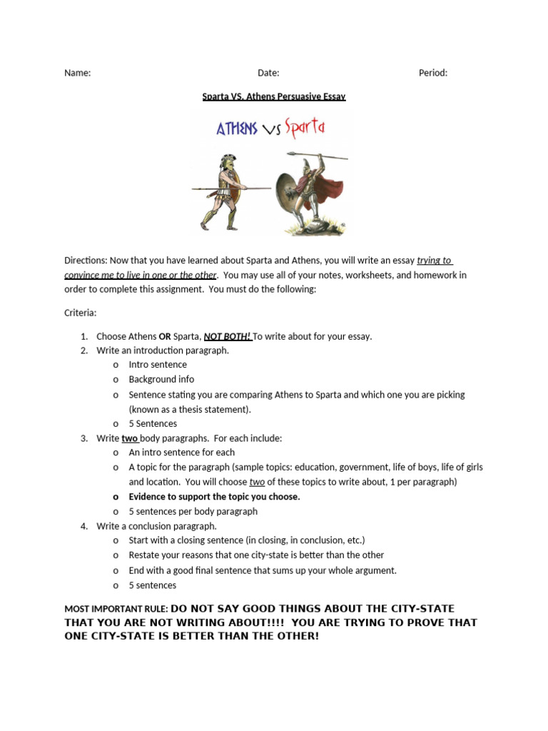 Student Guide: Sparta vs. Athens Essay | PDF