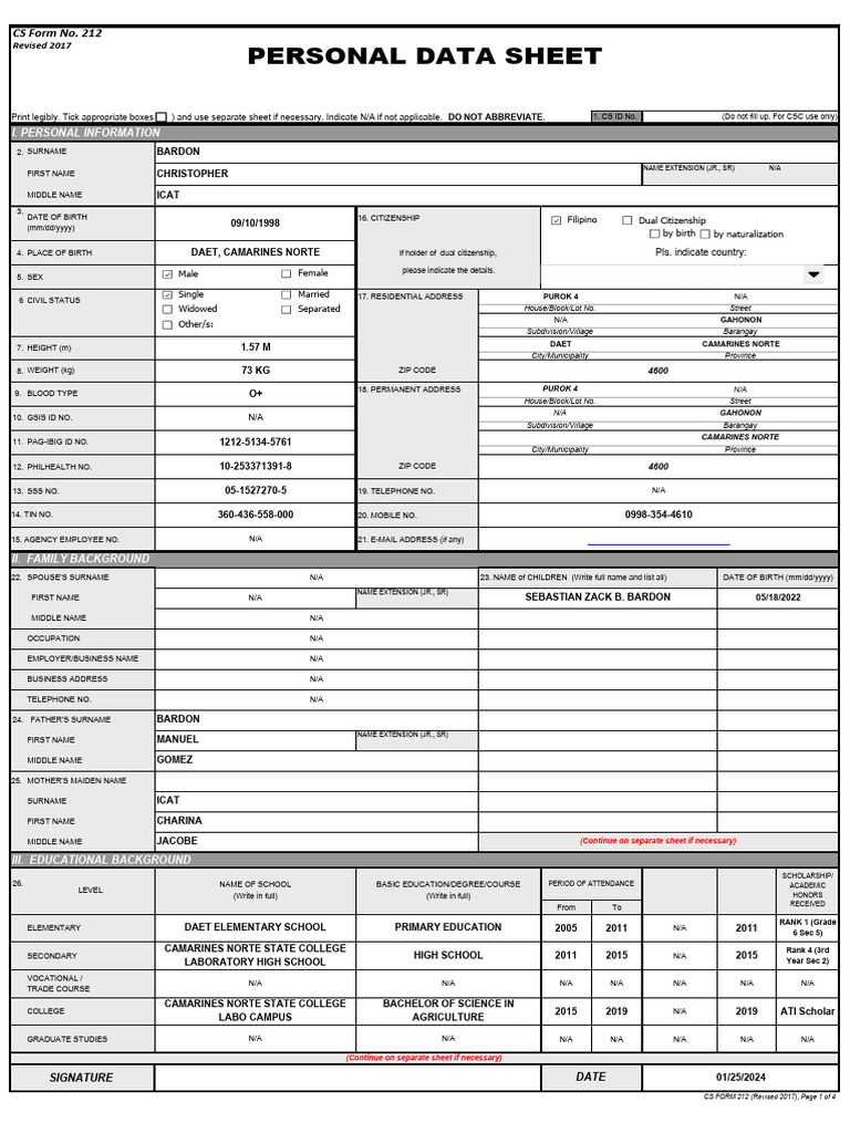 CSC Personal Data Sheet 2017 Revision | PDF | Government