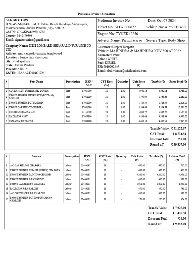 ICICI Insurance (1430) Mahindra XUV 300 Pre Invoice | PDF