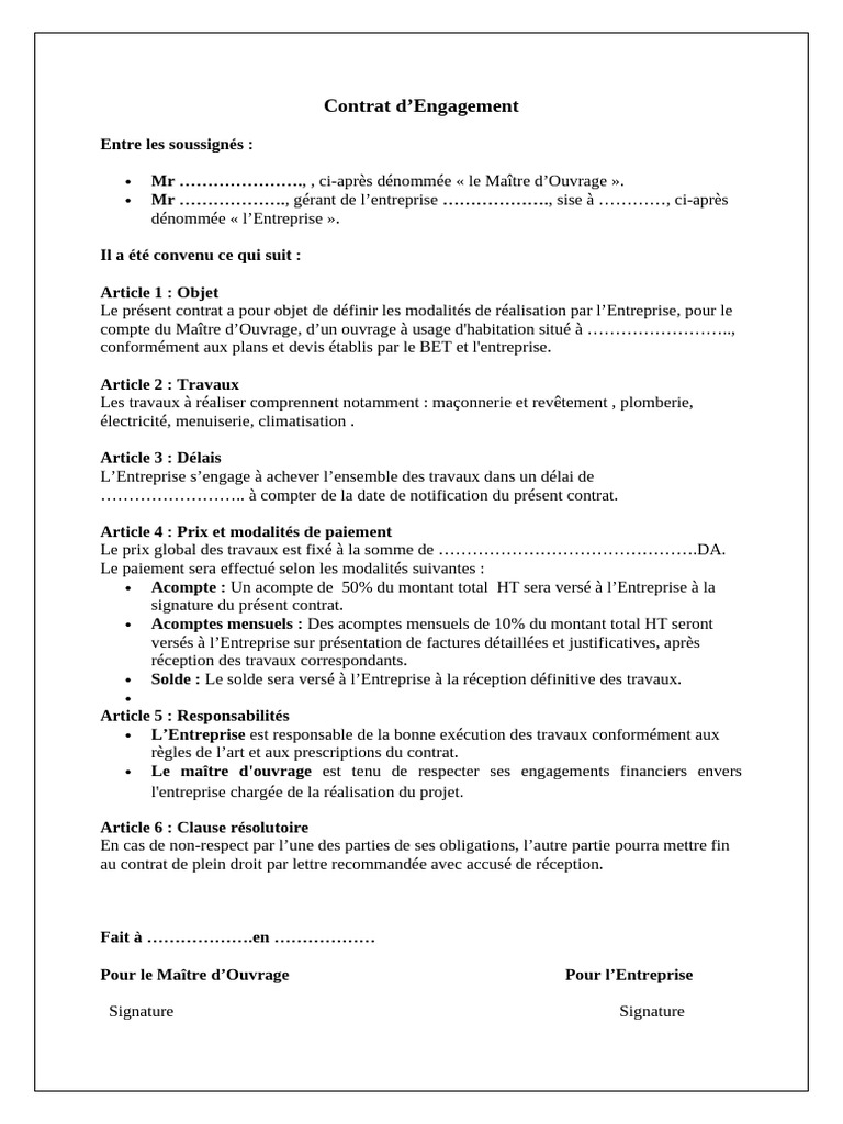 Exemple de contrat d'engagement type | PDF